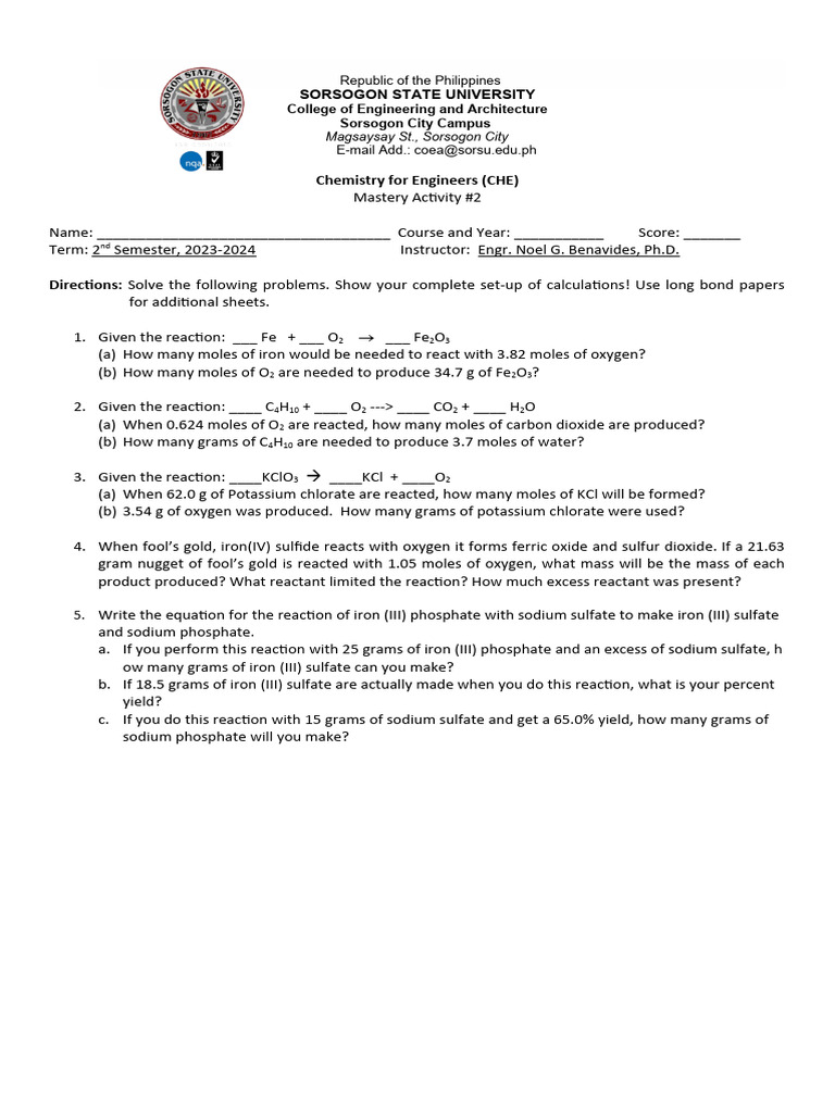 Mastery Activity 2 Stoichiometry | PDF