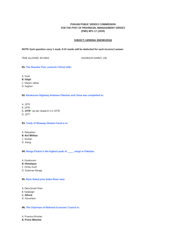 Punjab Public Service Commission Past Paper Gk Pms Pdf Pakistan