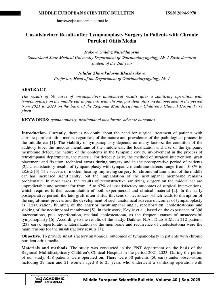 Unsatisfactory Results After Tympanoplasty Surgery in Patients With ...