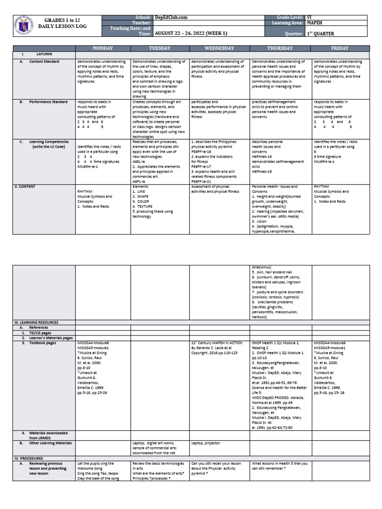 DLL - Mapeh 6 - Q1 - W1 | Download Free PDF | Learning | Rhythm