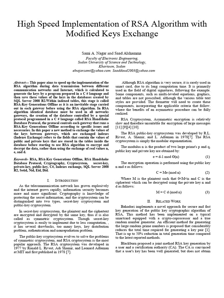 2012 - High Speed Implementation of RSA Algorithm With Modified Keys Exchange | PDF | Public Key ...