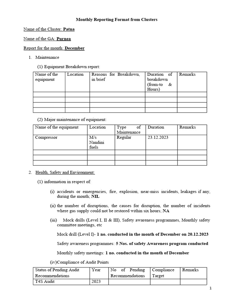 Monthly Reporting Format From Clusters Dec 23 | PDF