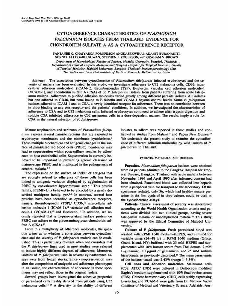 1996 Cytoadherence Characteristics of Plasmodium Falciparum Isolates ...