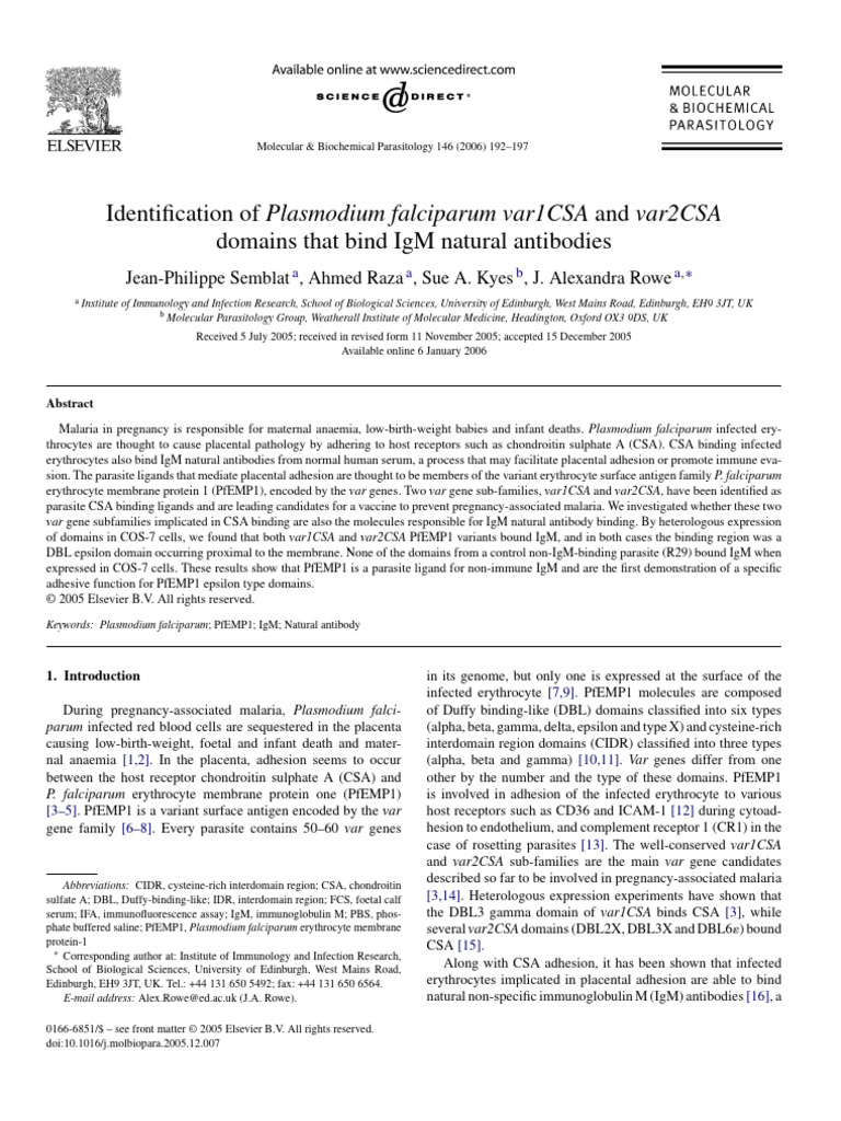 2006 Identification of Plasmodium Falciparum Var1CSA and Var2CSA ...