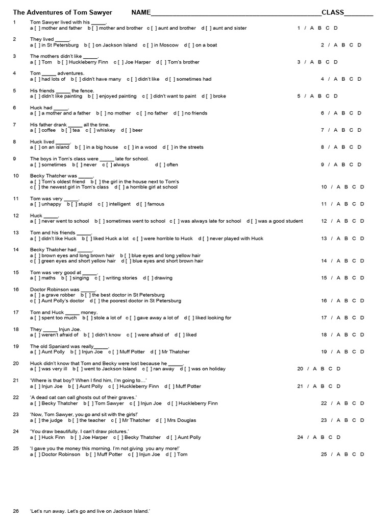 The Adventures of Tom Sawyer (Multiple Choice) | PDF | The Adventures ...