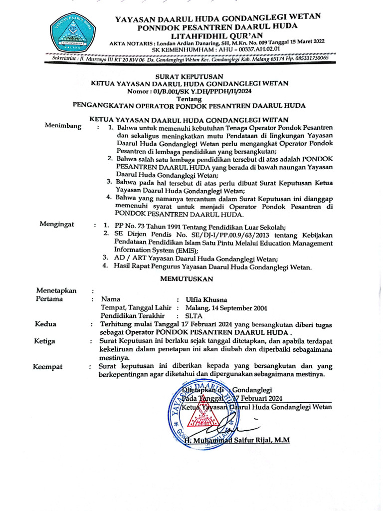 SK Pengangkatan Operator Pondok | PDF