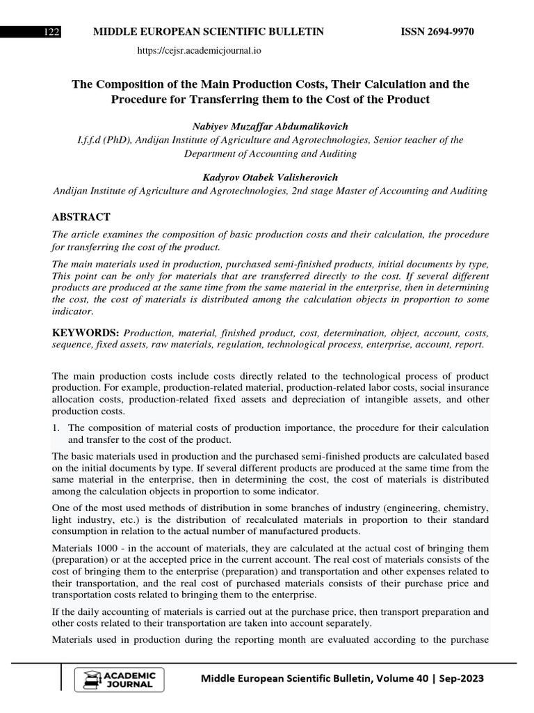 The Composition of The Main Production Costs, Their Calculation and The Procedure For ...