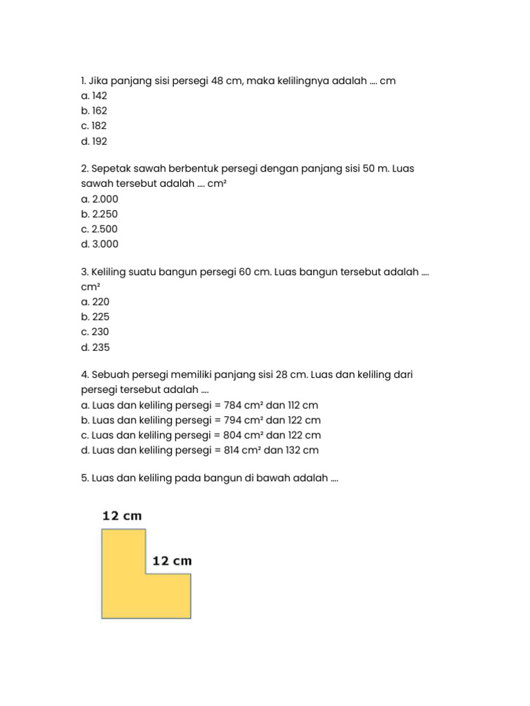 Soal Matematika kelas 4 Keliling dan Luas Persegi | PDF