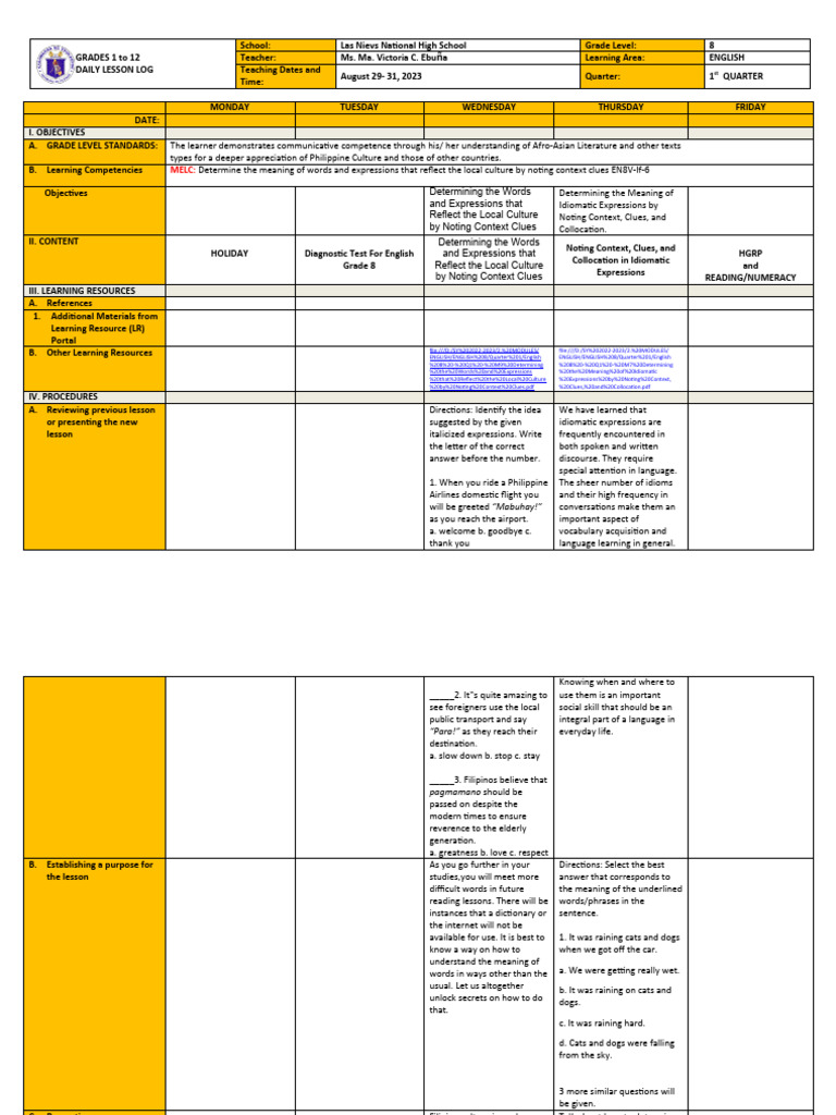 ENGLISH 8 Q1 W1 Determine The Meaning of Words and Expressions That ...