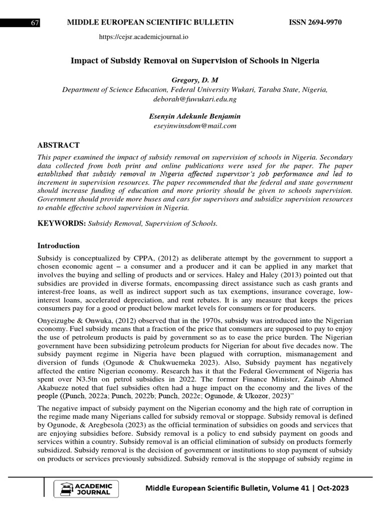 Impact of Subsidy Removal on Supervision of Schools in Nigeria | PDF | Subsidy | Teachers