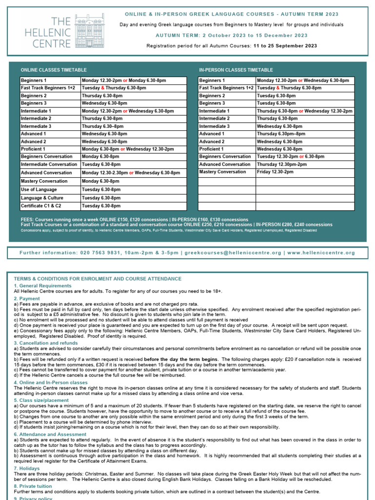 Greek Language Courses Timetable 2023 | PDF