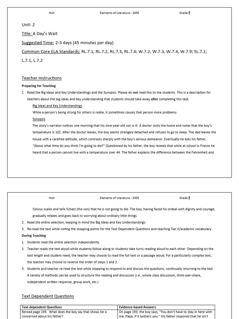 A Day's Wait. Lesson - Anthology | PDF | Linguistics | Cognitive Science