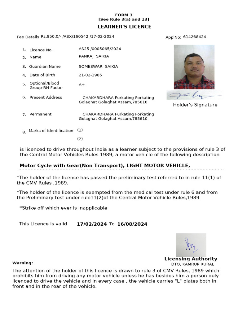 Learner'S Licence: Form 3 (See Rule 3 (A) and 13) | PDF