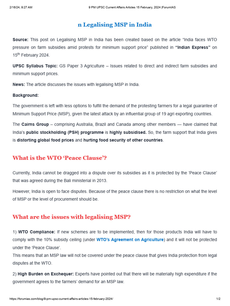 N Legalising MSP in India: What Is The WTO Peace Clause'? | PDF ...