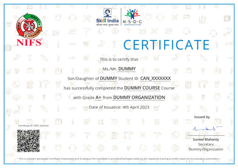 NSDC Preview Certificate Specimen | PDF