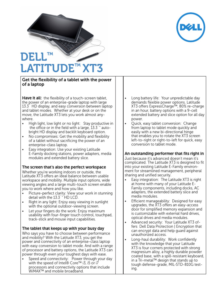 Latitude xt3 Spec Sheet | PDF | Laptop | Usb