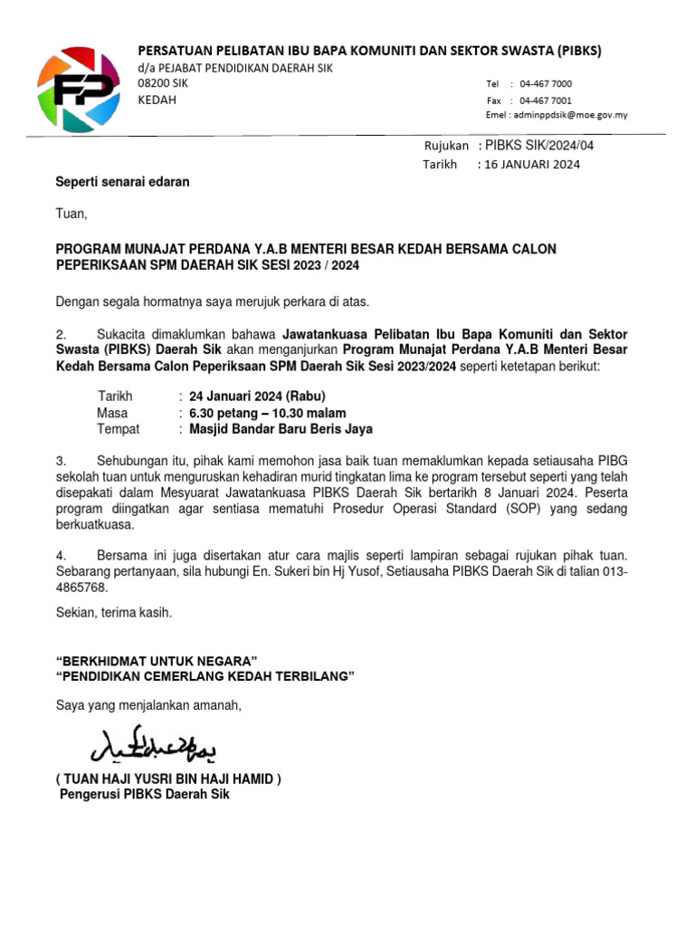 Surat Makluman Sekolah Munajat Perdana | PDF