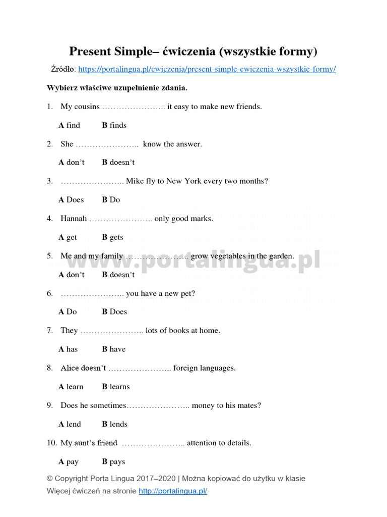 Present Simple Cwiczenia Wszystkie Formy 1 | PDF