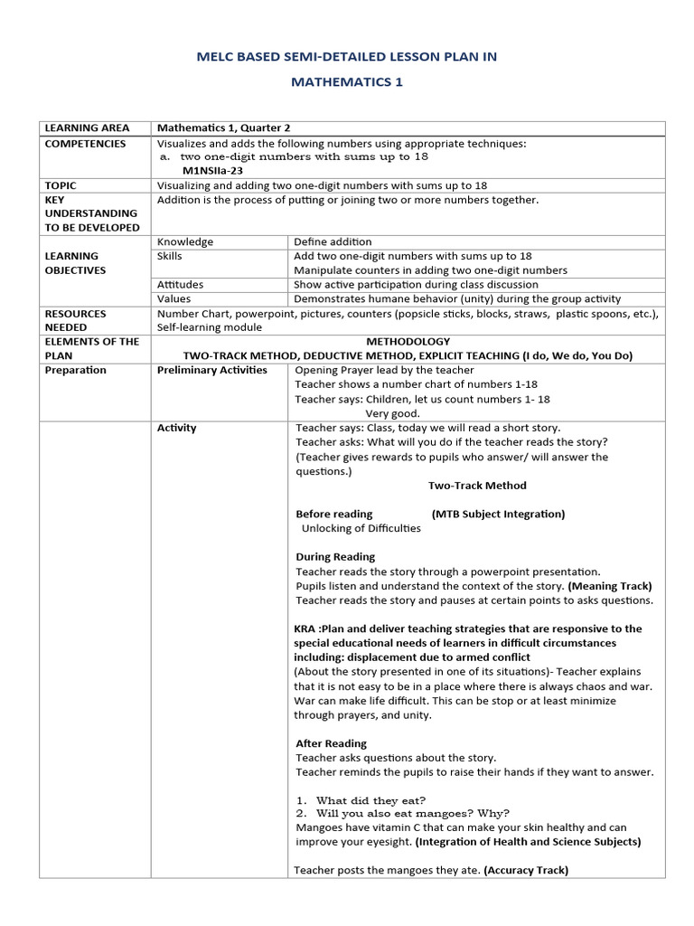 COT Final LP Math 1 | PDF | Teachers | Learning