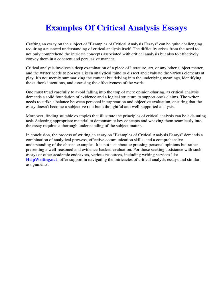 Examples of Critical Analysis Essays | PDF | Walden | Critical Thinking