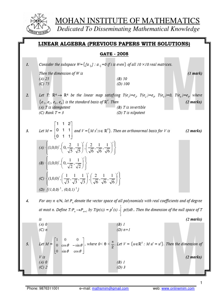 Linear Algebra Gate Pyps - 26834634 | PDF | Eigenvalues And ...