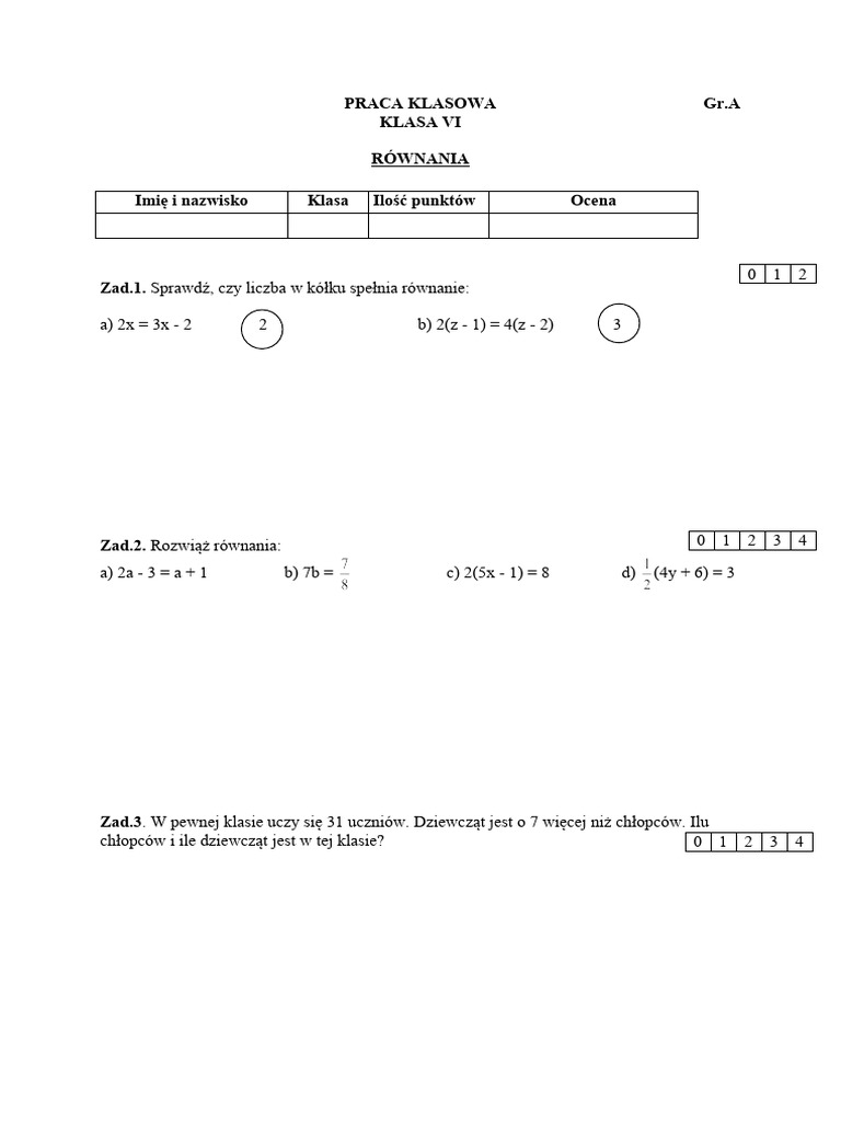 Równania Sprawdzian kl6 | PDF