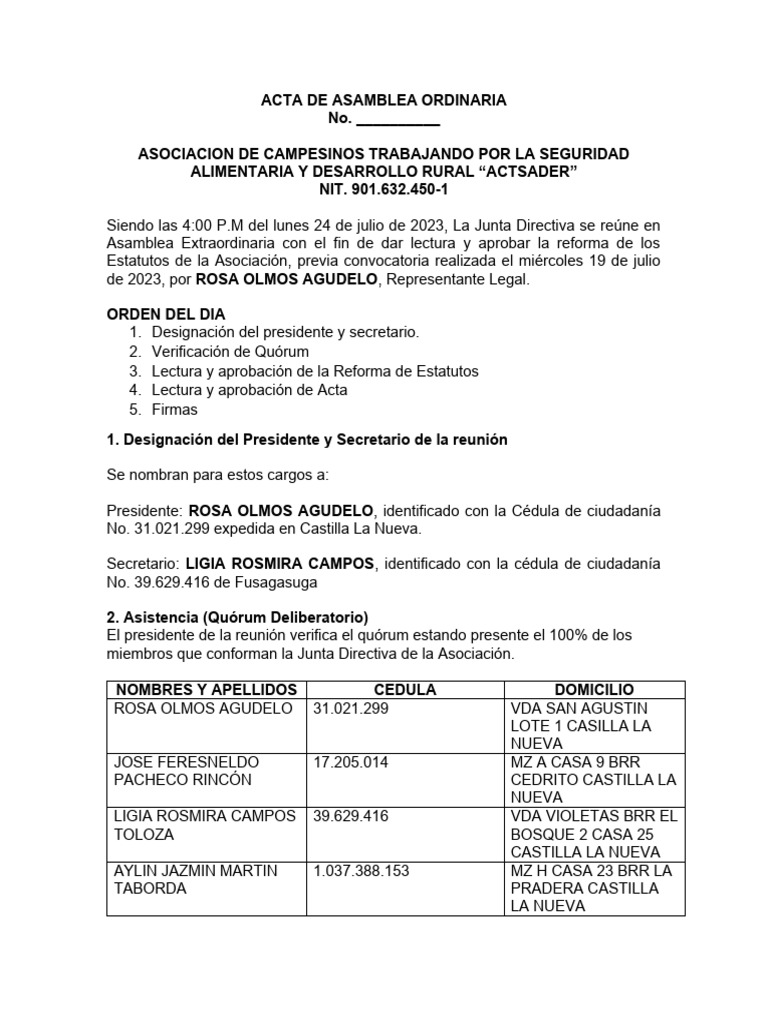 Acta de Asamblea Ordinaria Actsader | PDF | Gobierno