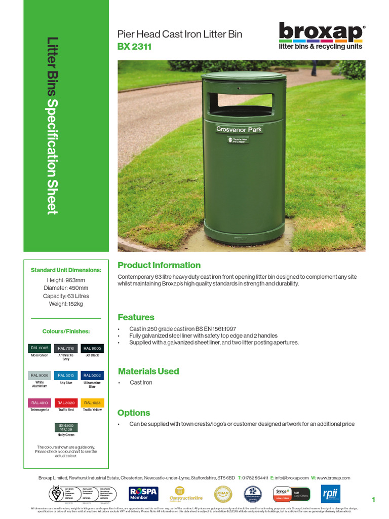 BX 2311 Pier Head Cast Iron Litter Bin Spec Sheet | PDF