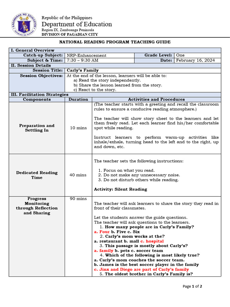 Reading Session Guide | PDF | Teachers | Learning