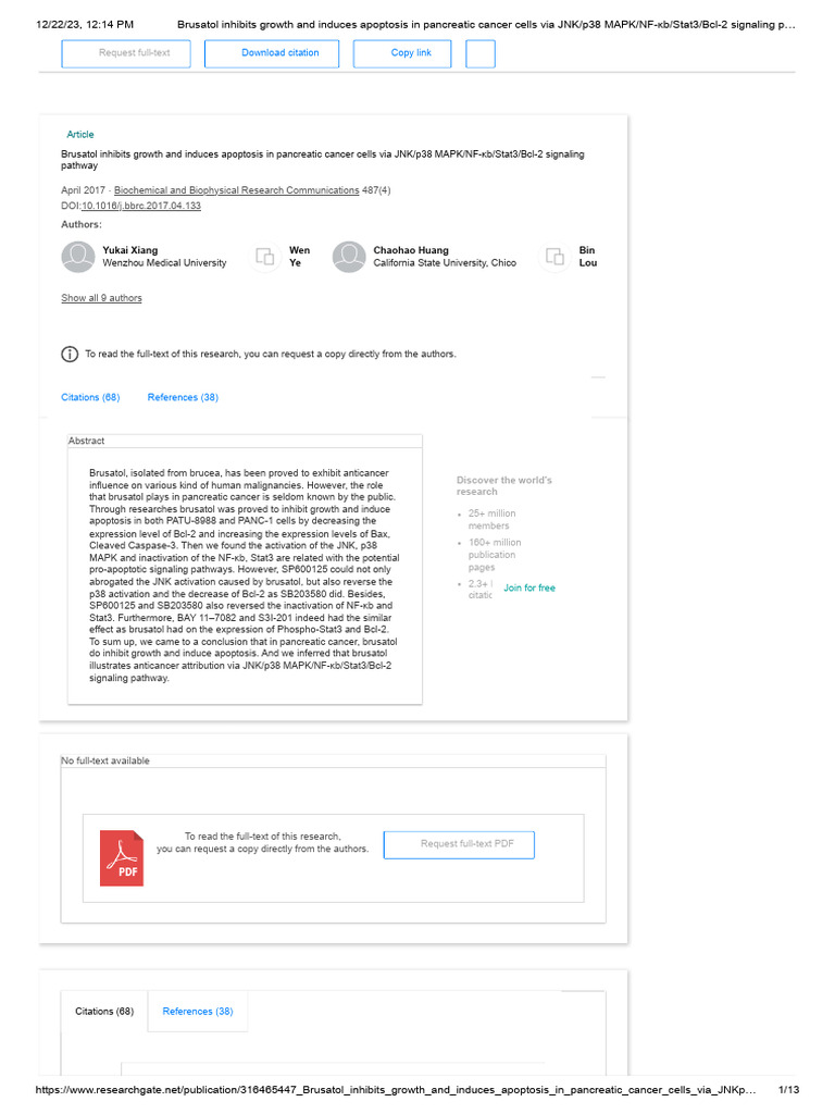 Brusatol inhibits growth and induces apoptosis in pancreatic cancer cells via JNK - p38 MAPK ...