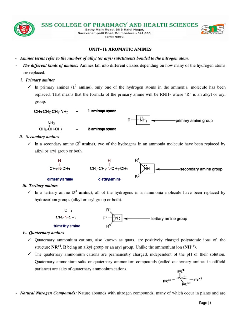 Unit-Ii: Aromatic Amines | PDF | Amine | Ammonium