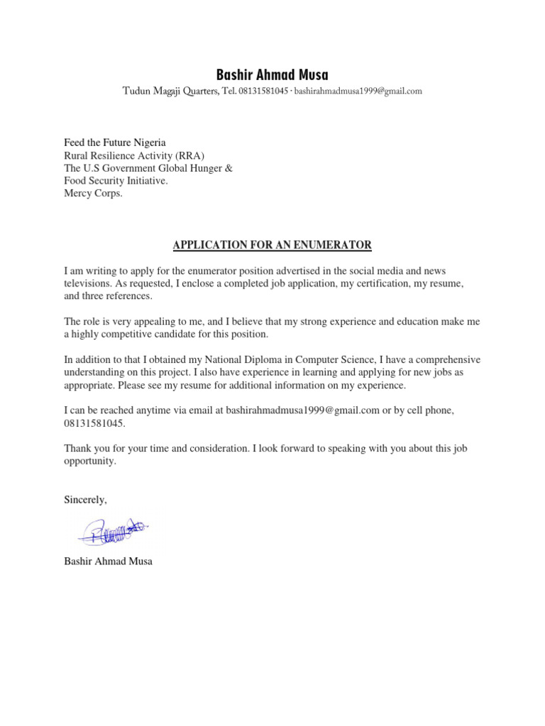 Bashir Ahmad Musa Cover Letter | PDF