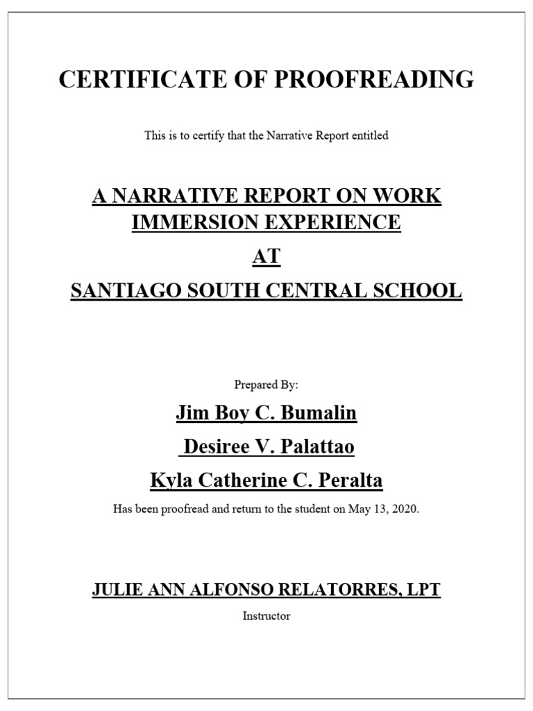 Certificate of Proofreading Bumalin Palattao Peralta Humss 12 C | PDF