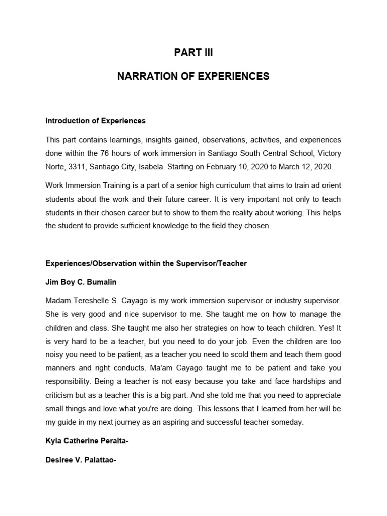 Jimbumalin-Part 3 Narration of Experiences (Work Immersion) | PDF | Teachers