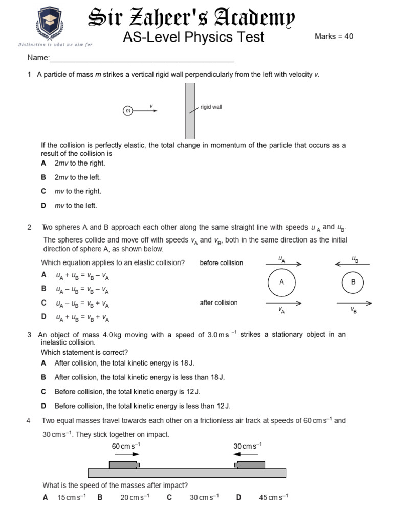 AS Physics Momentum & Collisions Test | PDF | Collision | Momentum