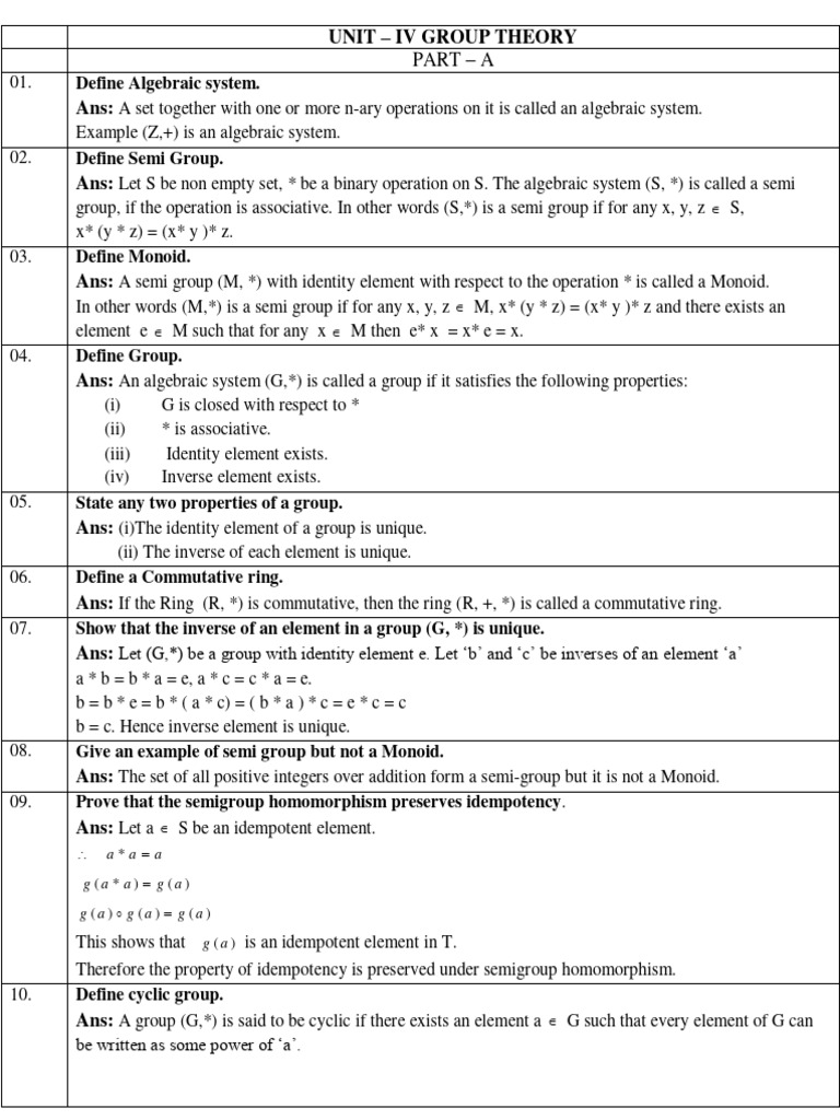 Ma3354 DM Unit 4 Part A, B Question and Answer | PDF | Group (Mathematics) | Ring (Mathematics)