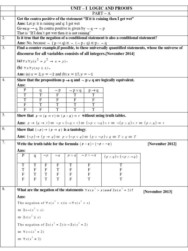 Ma3354 DM Unit 1 Part A, B Question and Answer | PDF | Semiotics | Logical Consequence
