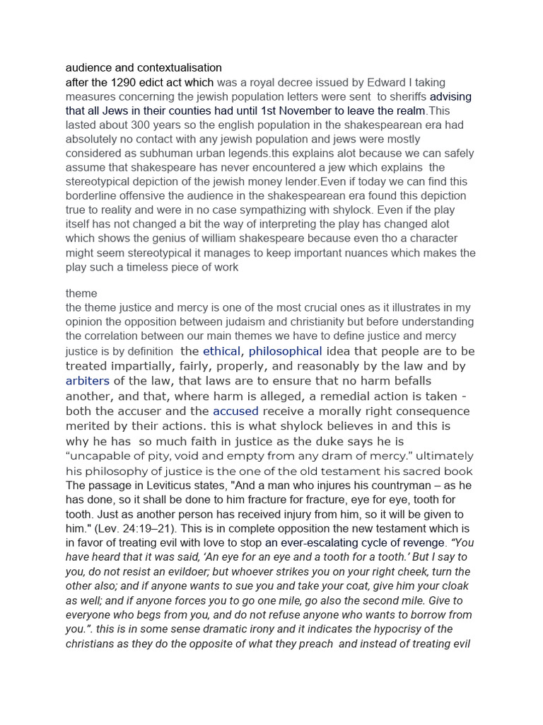 Merchant of Venice Theme Analysis | PDF | Justice | Crime & Violence