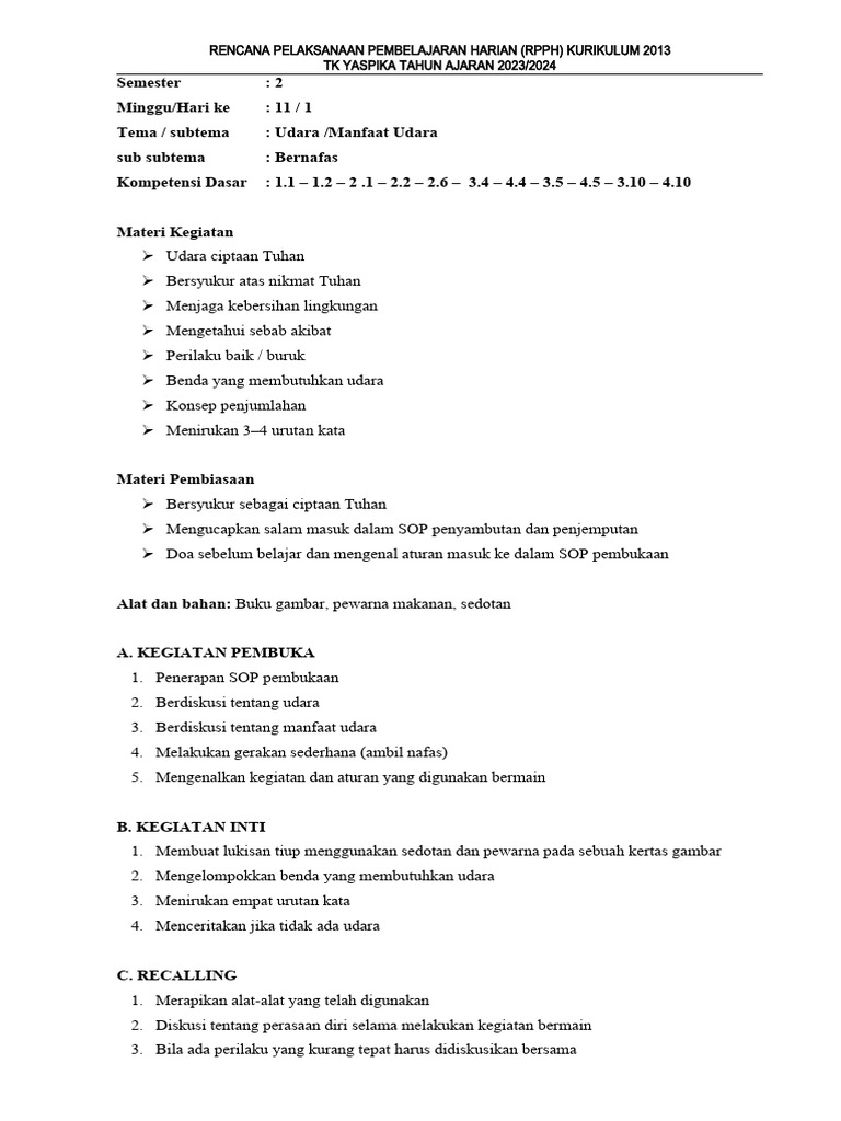 RPPH Tema Udara untuk TK Yasika | PDF