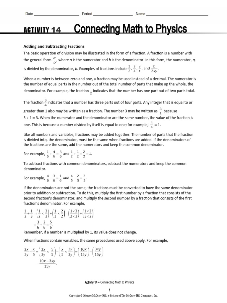 Connecting Math To Physics Adding and Subtracting Fractions Student Editable | PDF | Numbers ...