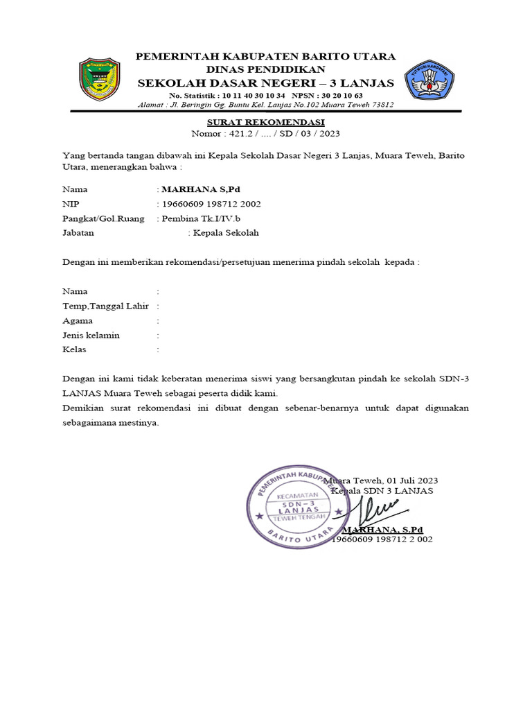Format Surat Rekomendasi Siswa Mutasi Masuk | PDF