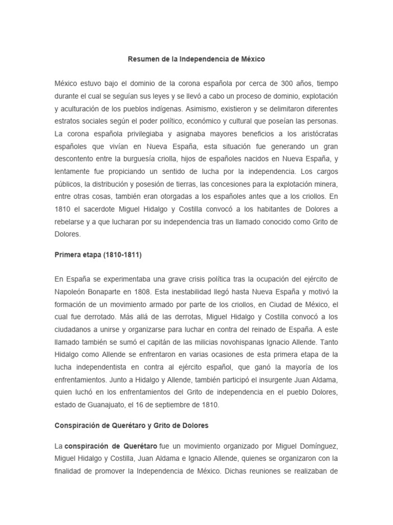 Resumen de La Independencia de México | PDF | Nueva españa | México