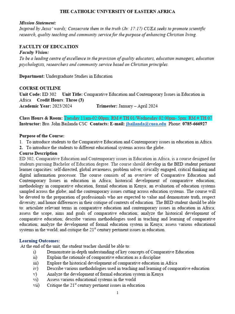 CUEA - Course Outline Comparative Educaation ED 302 Jan - Apr. 2024 ...