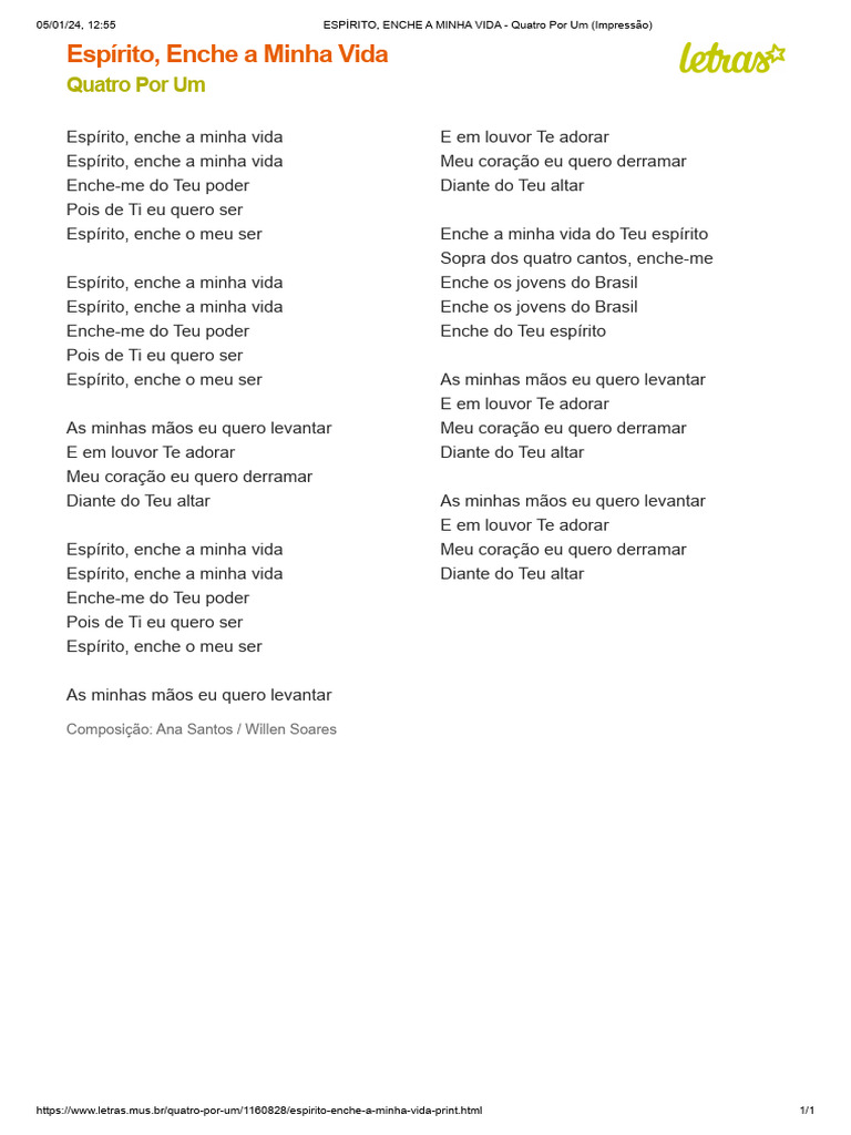 ESPÍRITO, ENCHE A MINHA VIDA - Quatro Por Um (Impressão) | PDF