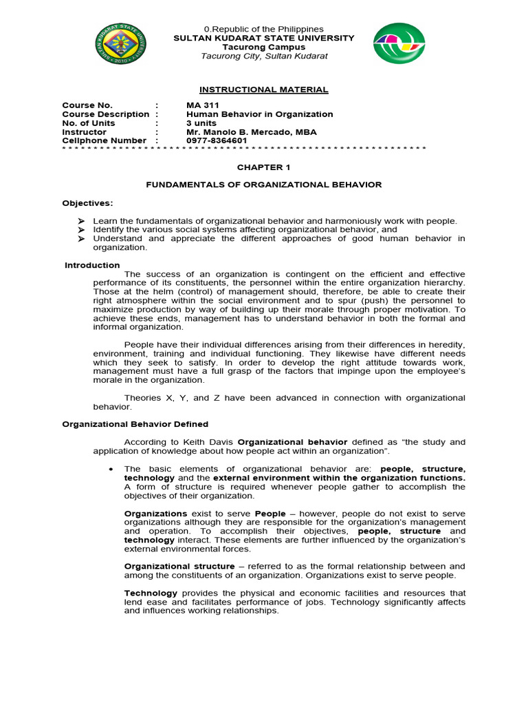 Instructional Material HBO Final MA311 | PDF | Leadership | Organizational Behavior