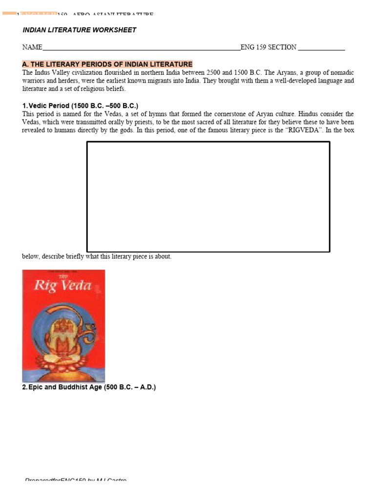 Indian Literature Worksheet Answer Key | PDF | Vedas | Sanskrit