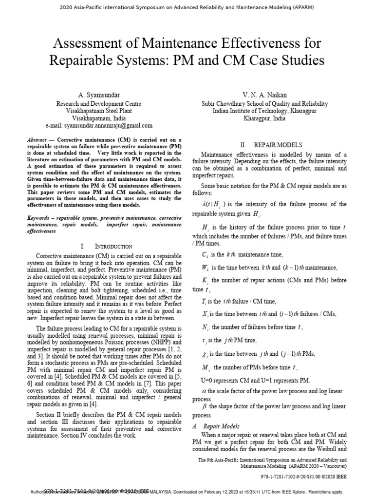 Assessment of Maintenance Effectiveness For Repairable Systems PM and ...