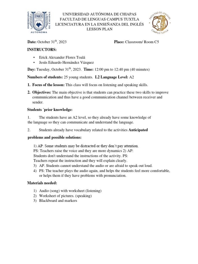 A2 English Lesson Plan: Listening & Speaking | PDF | Education Theory ...