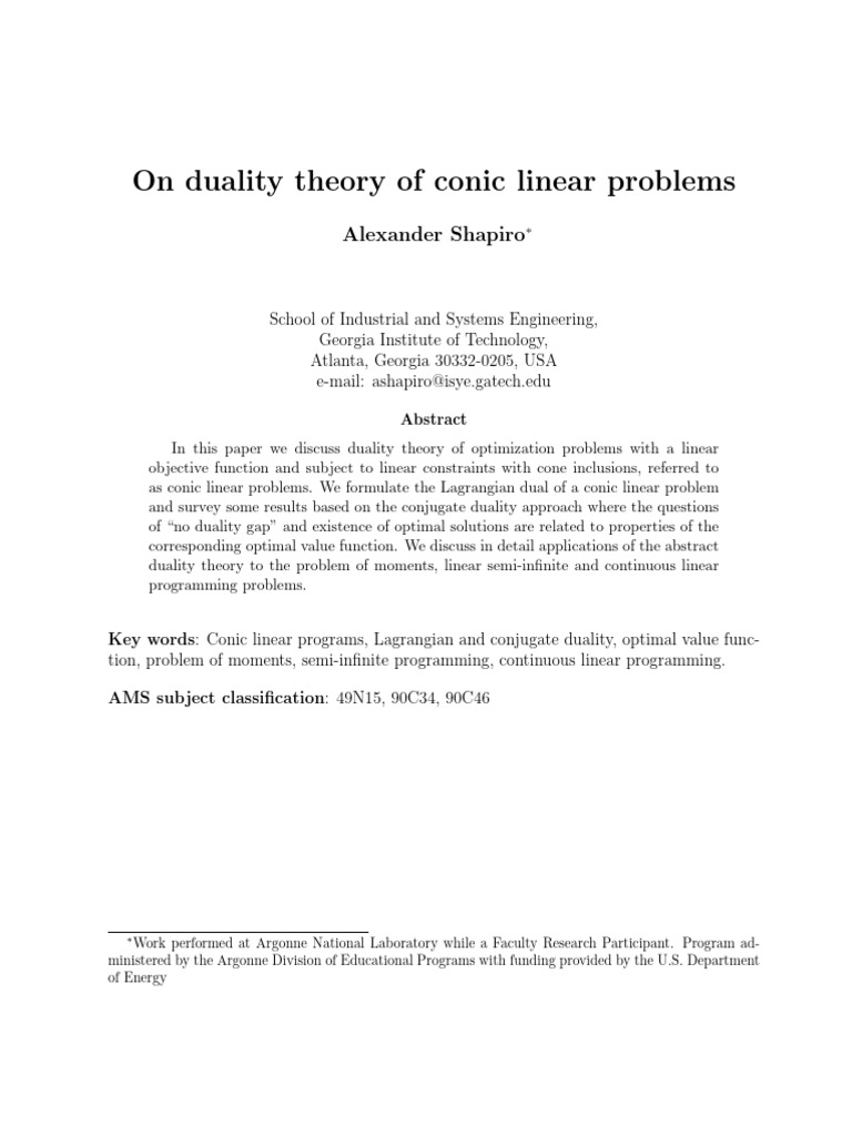 On Duality Theory of Conic Linear Problems: Alexander Shapiro | PDF | Mathematical Analysis | Space