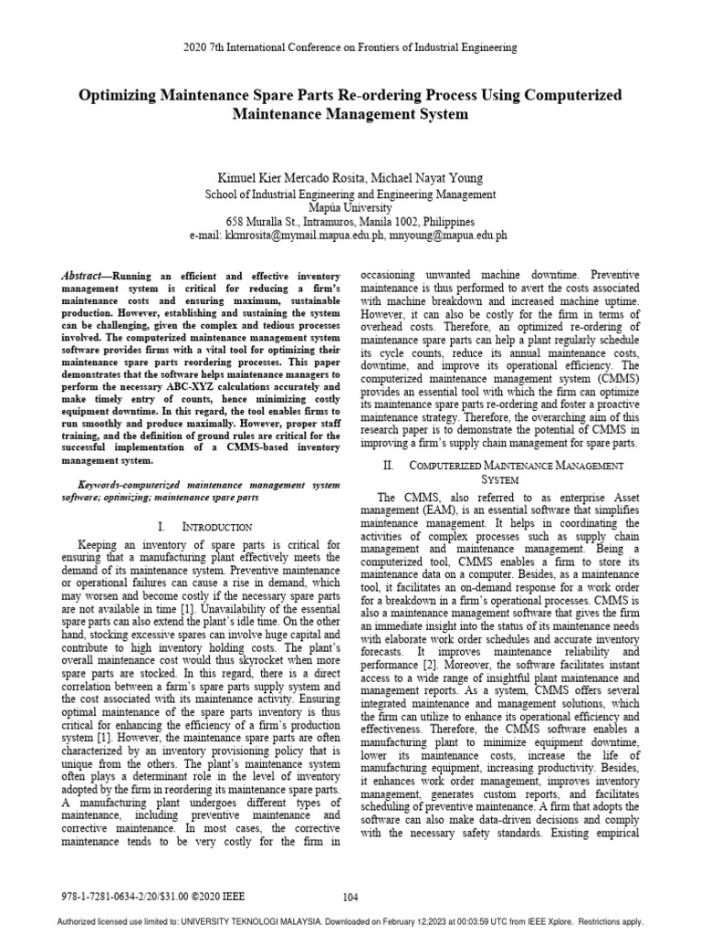 Optimizing Maintenance Spare Parts Re-Ordering Process Using Computerized Maintenance Management ...